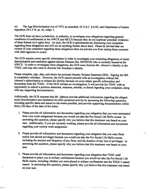 Response to Inmate Civil Rights Complaint Received from USDOJ - The ...